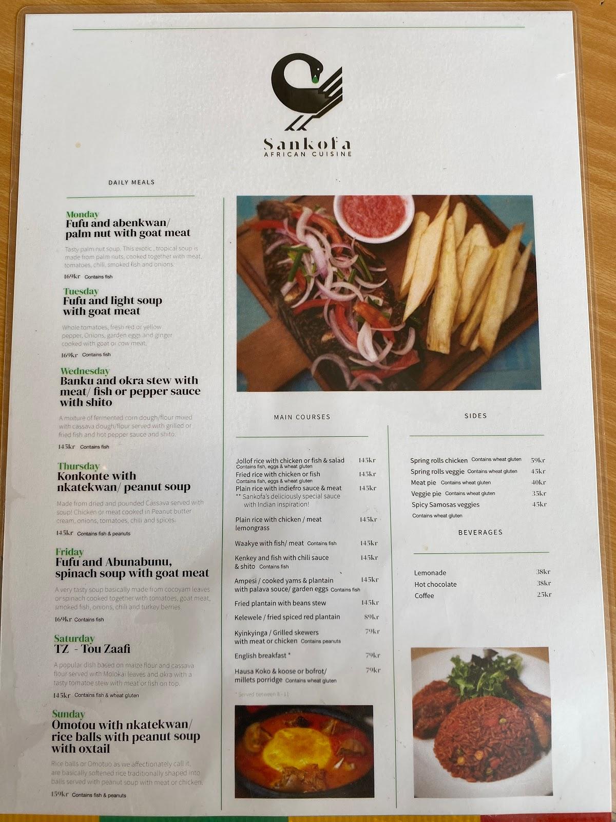 Menu at Sankofa African Cuisine Restaurant, Oslo