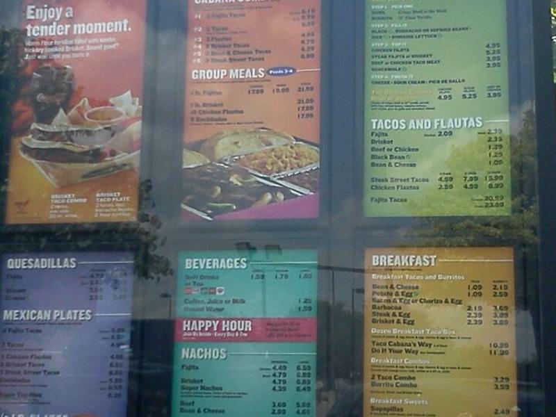 Menu at Taco Cabana restaurant, Garland, Broadway Blvd