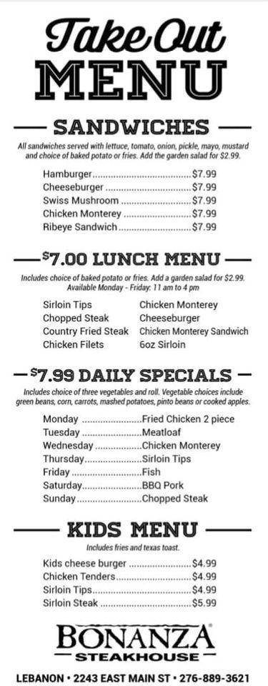Menu at Bonanza steakhouse, Lebanon, Main St