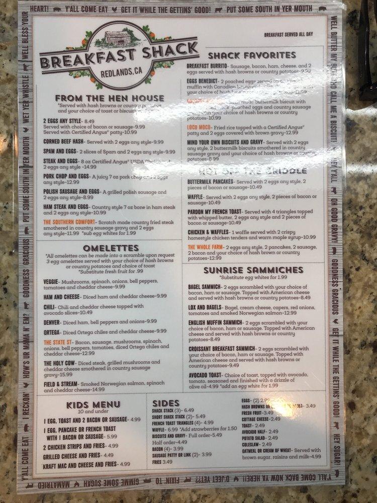 Menu at Breakfast Shack restaurant, Redlands