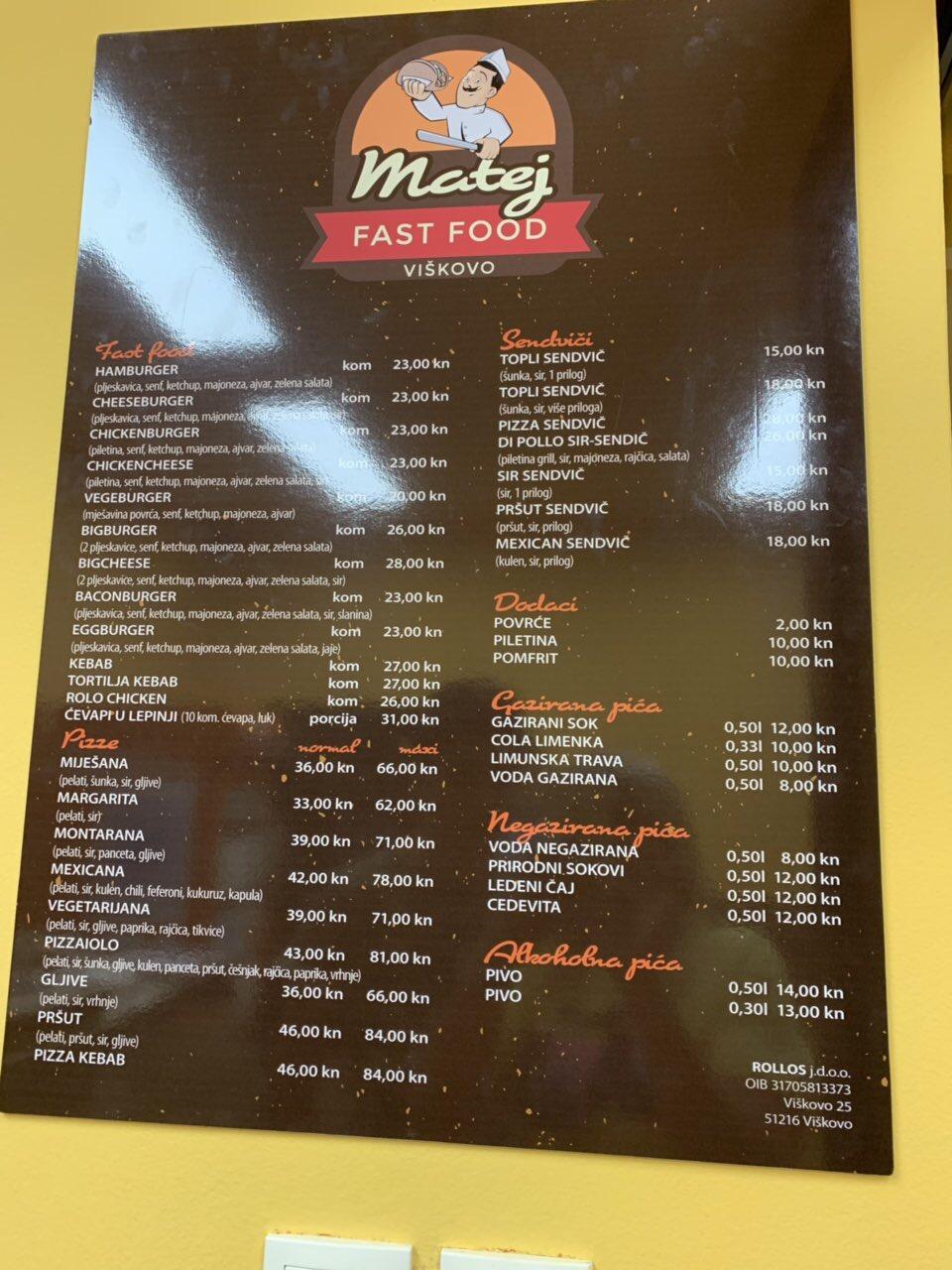 Menu at Fast Food Matej Viškovo, Viškovo