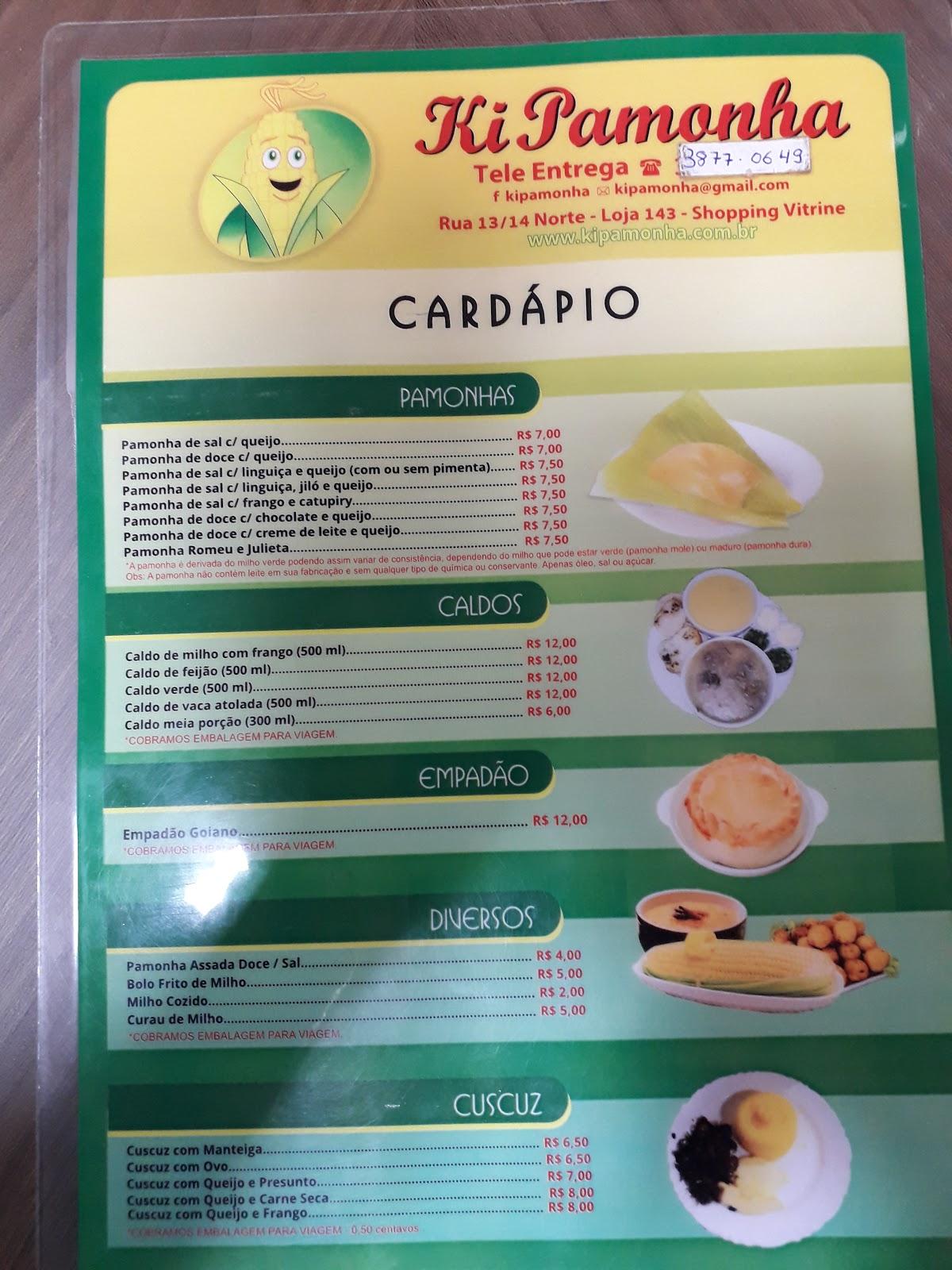 Menu at Ki Pamonha restaurant, Brasília, Rua 13 Lote 3 Loja143