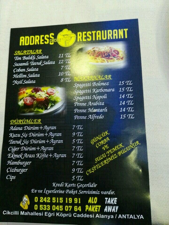 Menu at Address restaurant cikcilli, Alanya, Eğri köprü Cad cikcilli mah
