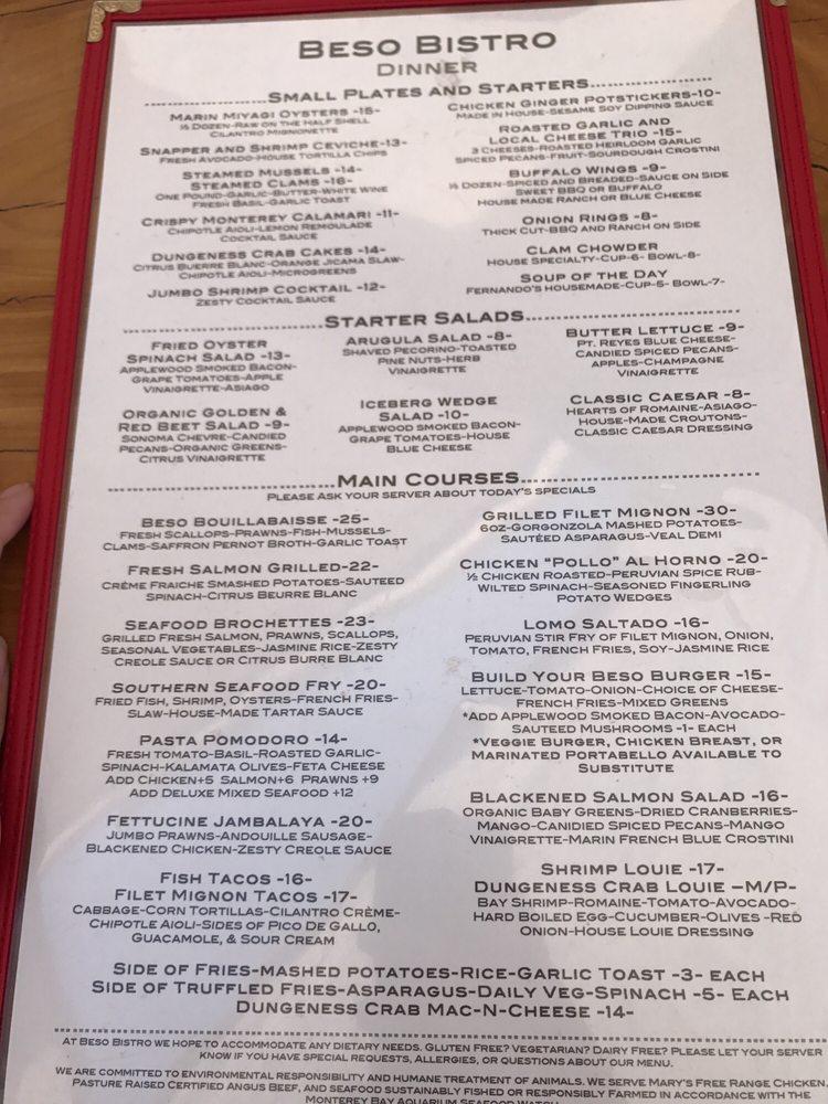 Menu at Beso Bistro and Wine Bar, Novato