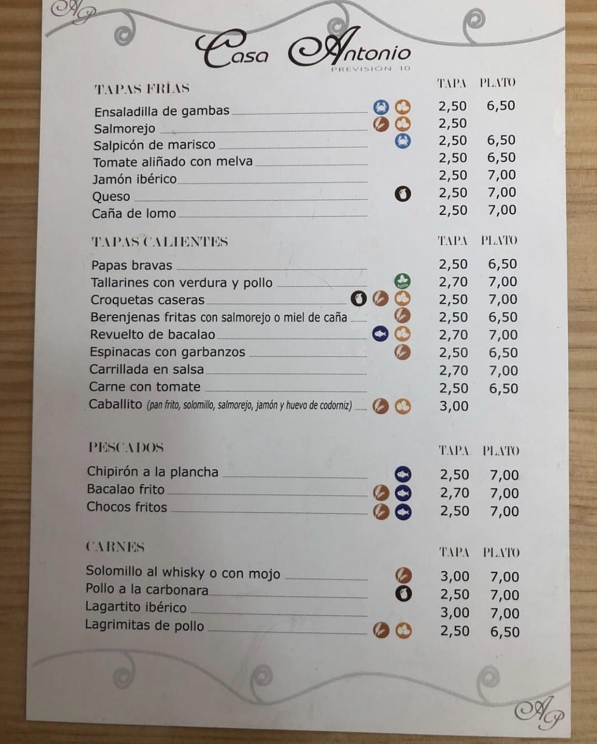 Menu at Casa Antonio pub & bar, Seville, Calle Previsión