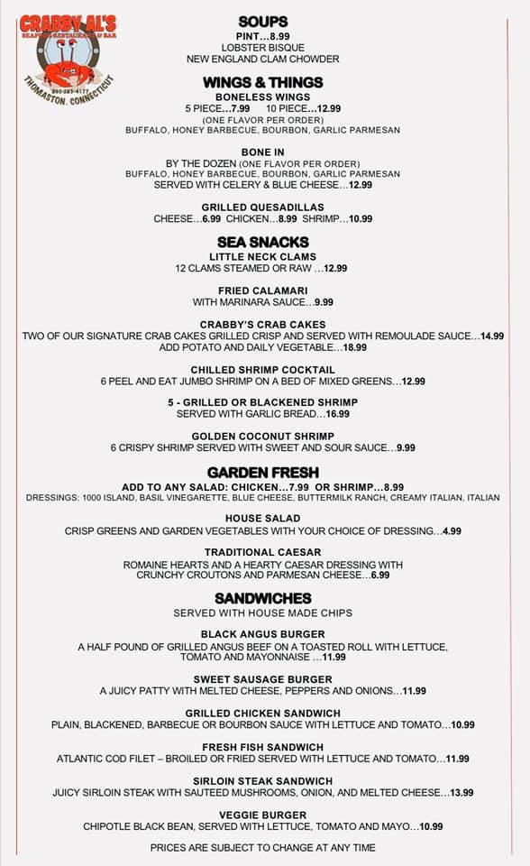 Menu at Crabby Al's Seafood Restaurant, Thomaston