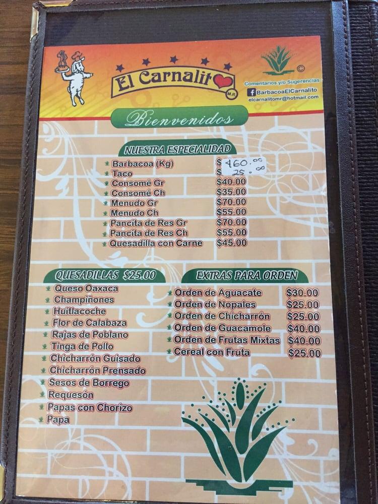 Menu at El Carnalito restaurant, Mexico, Toluca - Ixtlahuaca de Rayón 219