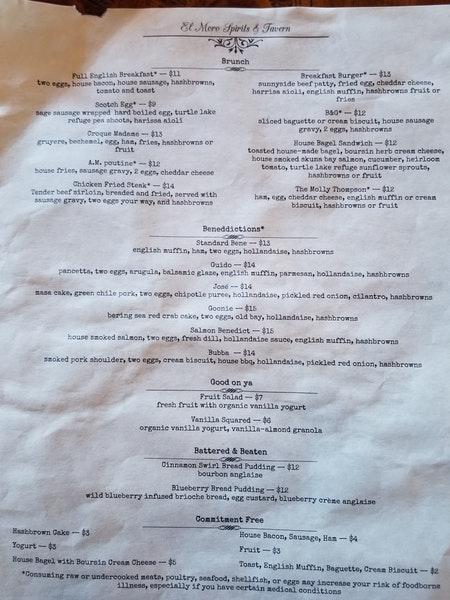 Menu at El Moro Spirits and Tavern restaurant, Durango
