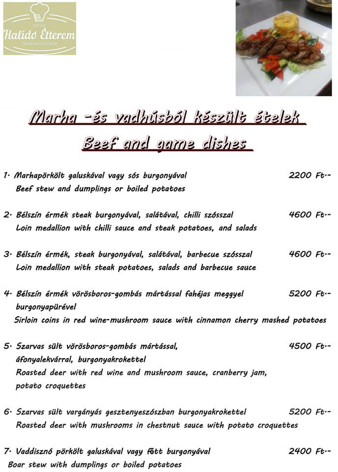Menu at Halidó étterem restaurant, Hajdúnánás
