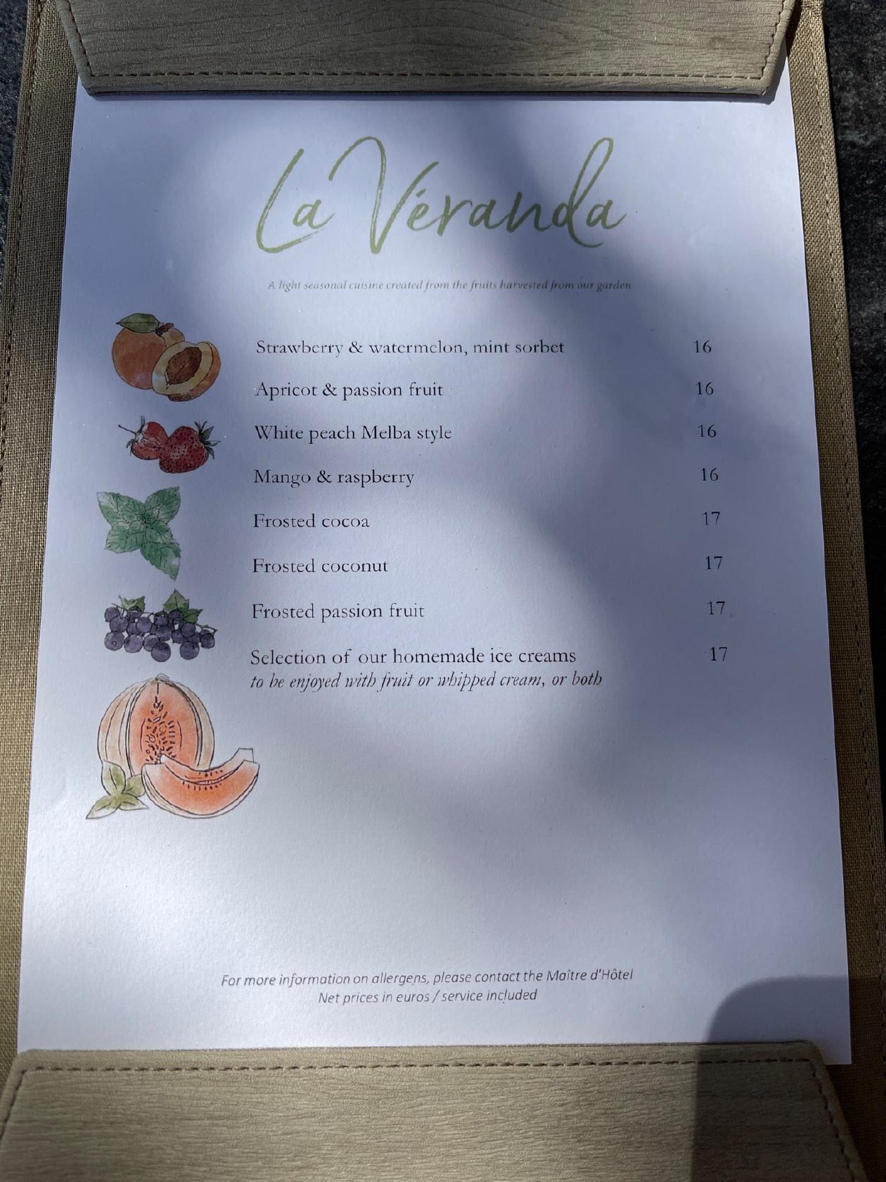 Menu au La Véranda restaurant, Saint-Jean-Cap-Ferrat