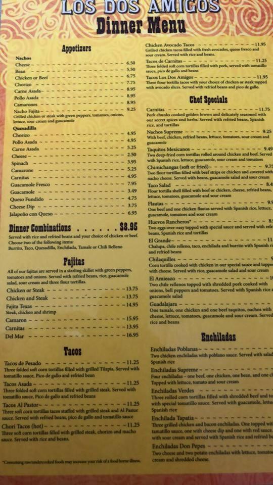 Menu at Los Dos Amigos Mexican Restaurant, Bowling Green