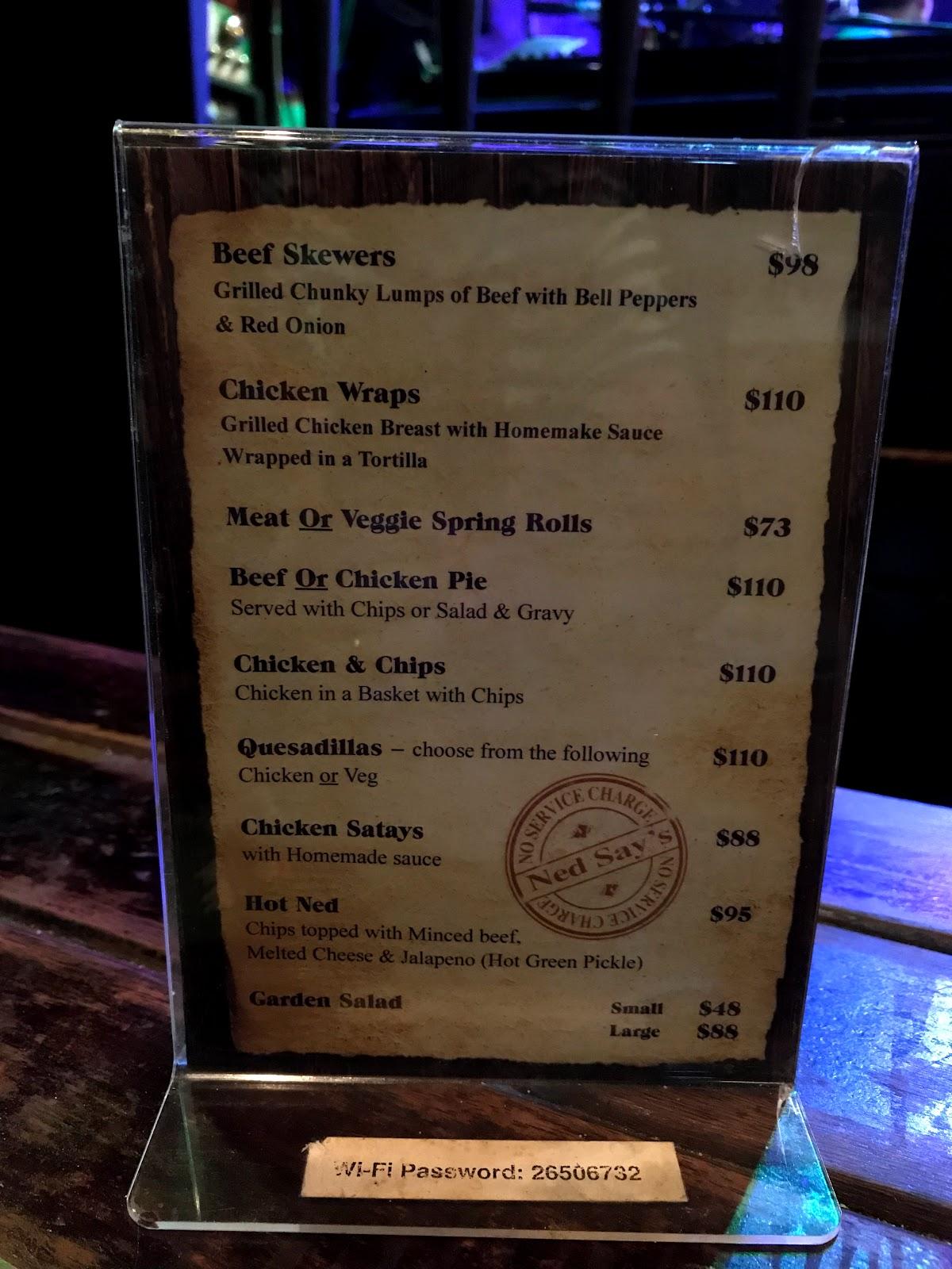 Menu at NED KELLY'S LAST STAND pub & bar, Hong Kong