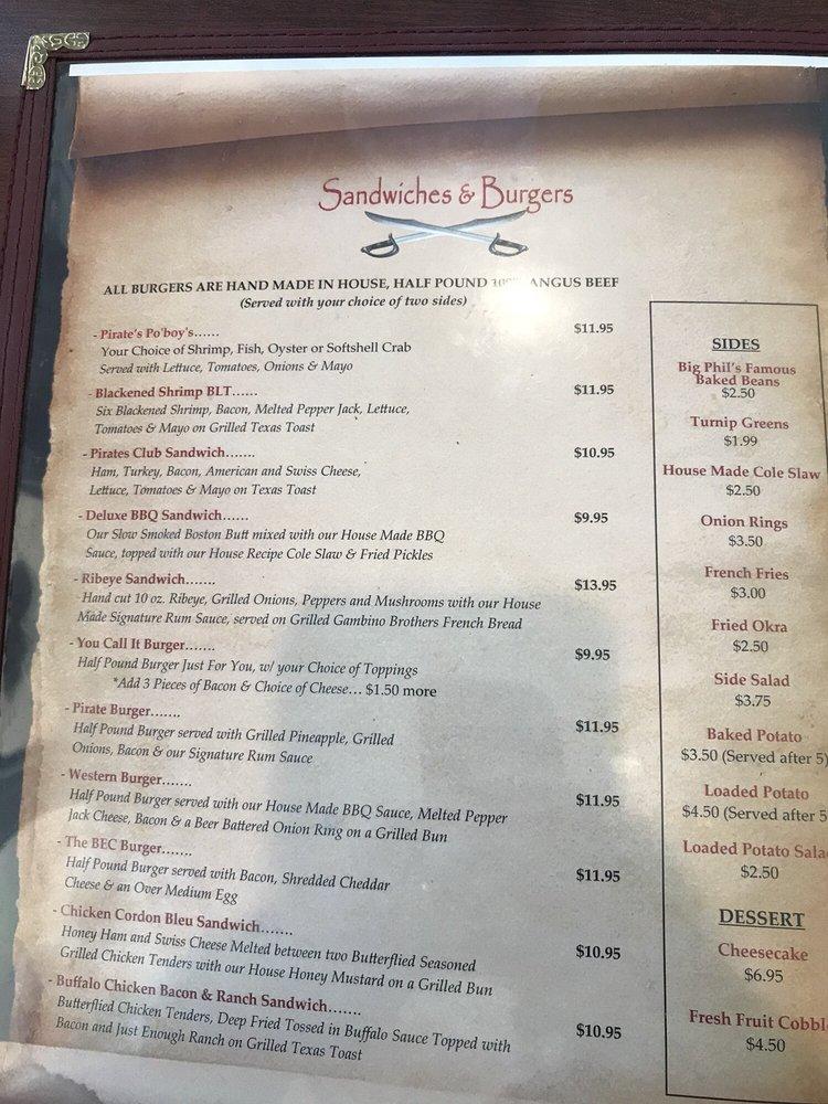 Menu at Pirate's Bar And Grill, Dauphin Island