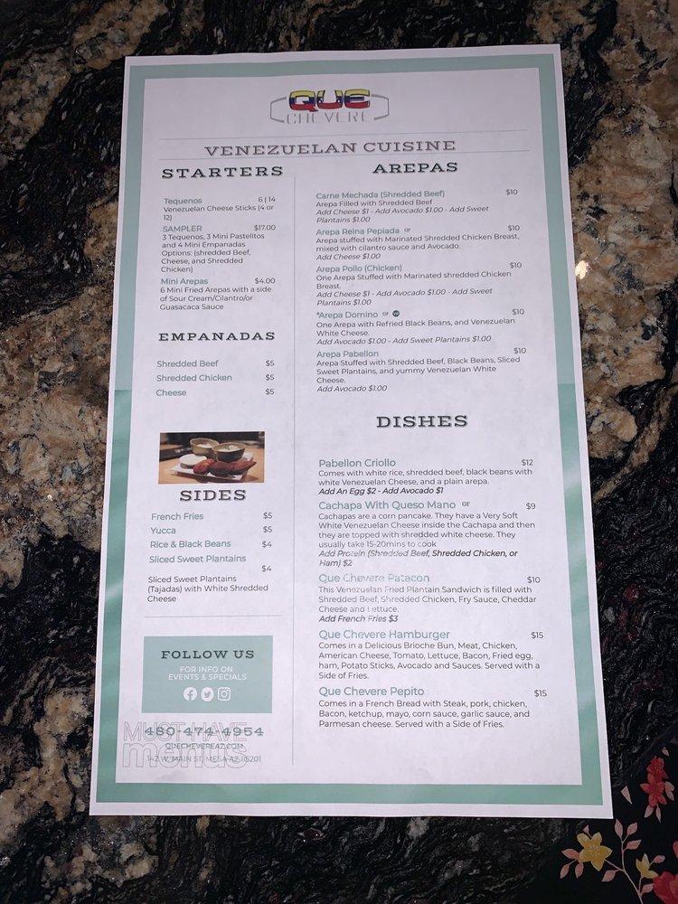 Carta del restaurante Que Chevere, Mesa