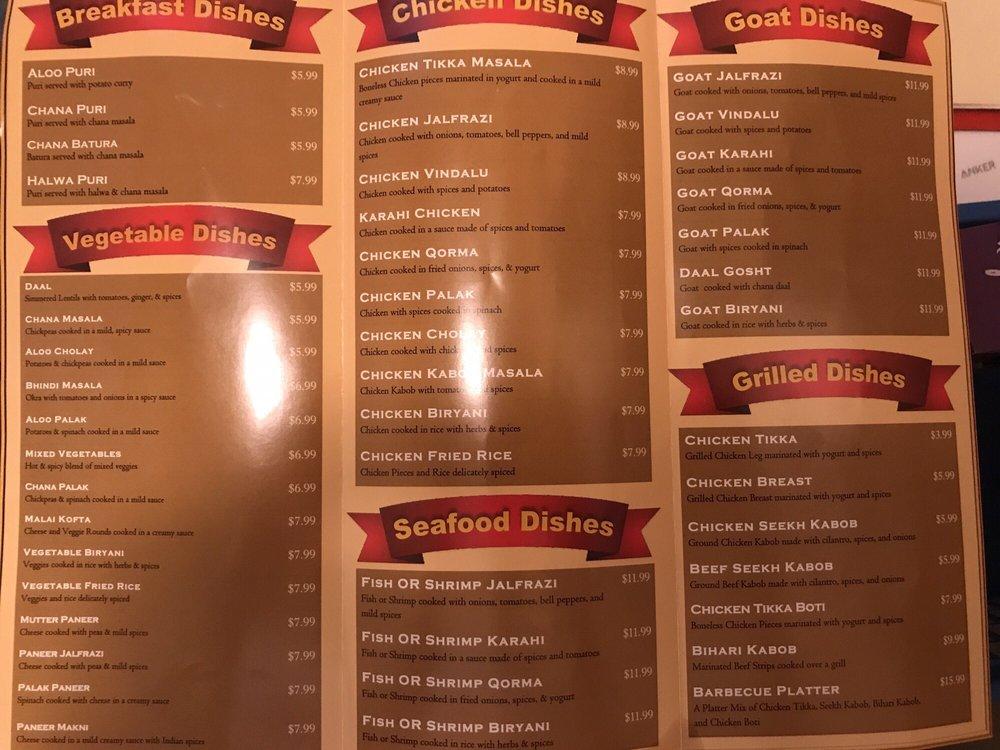 Menu at Shalamar restaurant, Webster