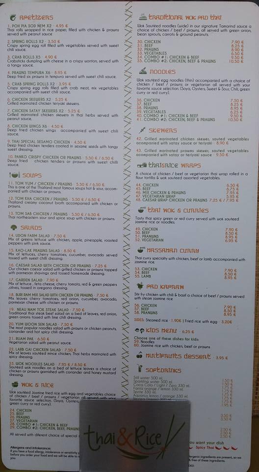 Menu at Thai & Rice restaurant, Marbella