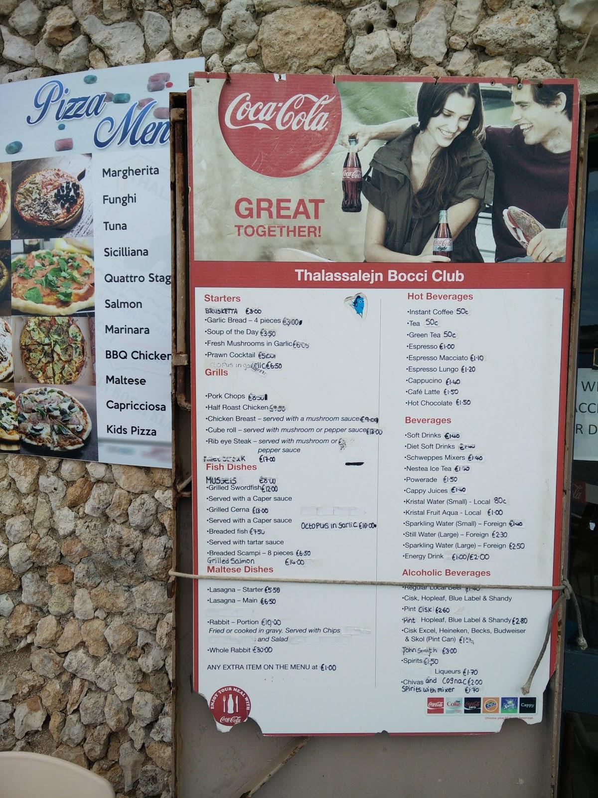 Menu at Thalassalejn Boċċi Club, Saint Paul's Bay