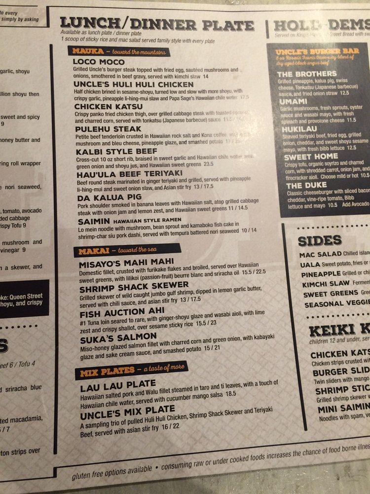Menu at Uncle's Hawaiian Grindz pub & bar, Fallston