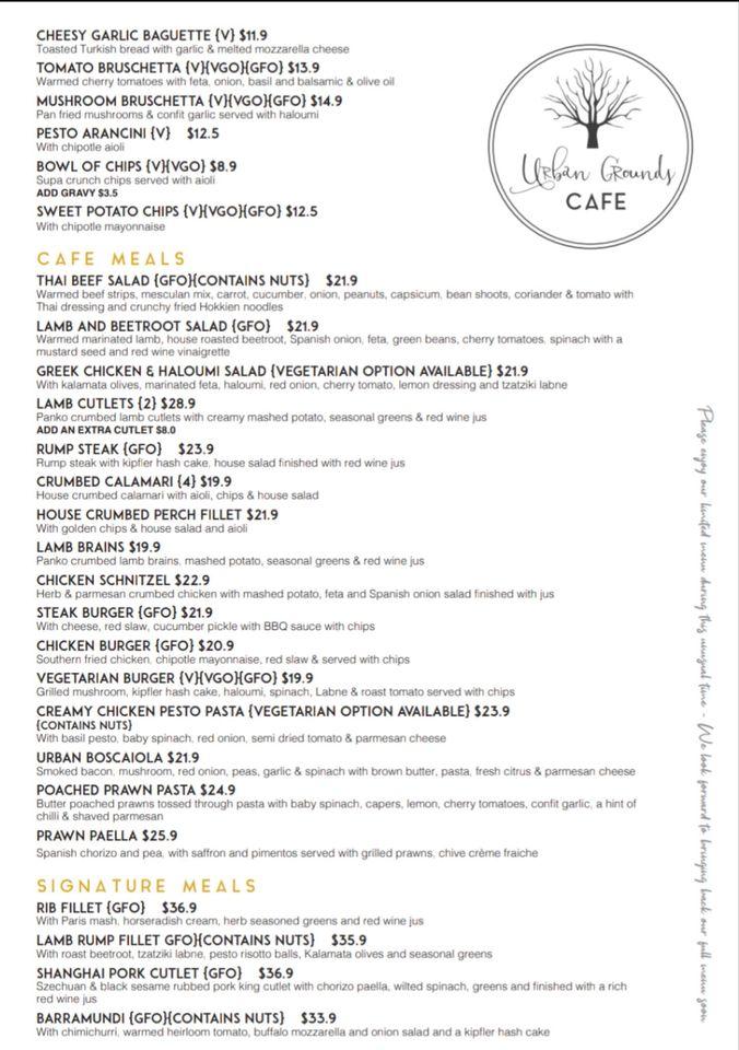 Menu at Urban Grounds Cafe, Toowoomba City