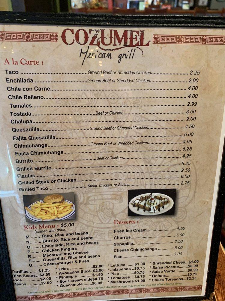 Menu at Cozumel Mexican Grill restaurant, Loxley