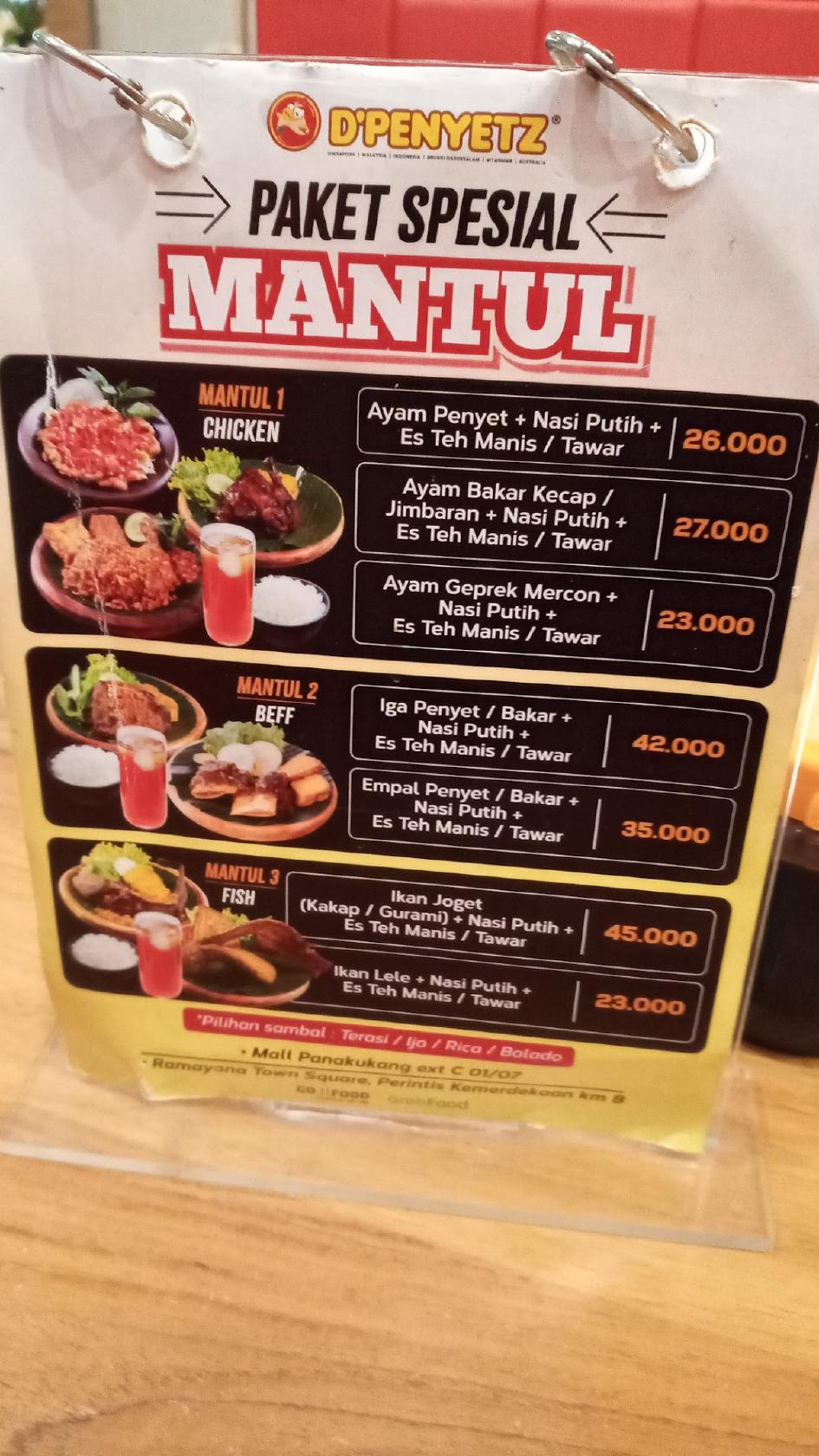 Menu at D'Penyetz & D'Cendol M'TOS restaurant, Makassar