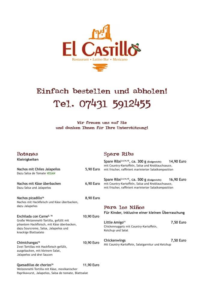 Speisekarte von El Castillo pub & Bar, Albstadt, Bahnhofstraße 20