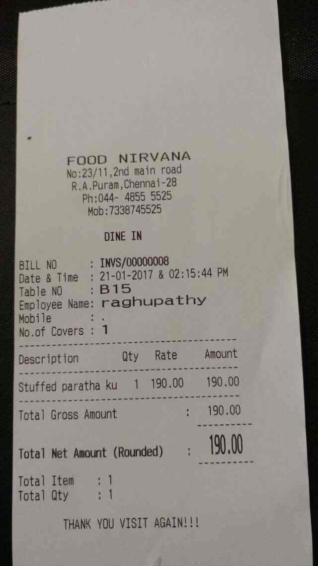 Menu at Food Nirvana, Chennai, 23/11