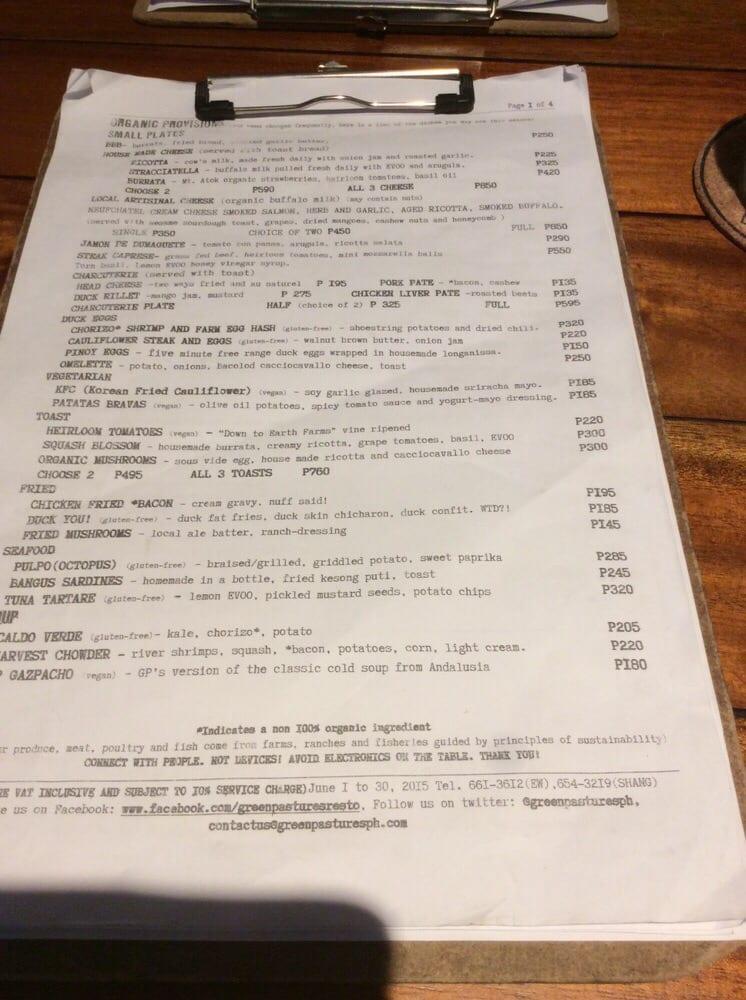 Menu at Green Pastures restaurant, Mandaluyong