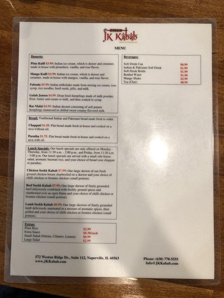 Menu at JK Kabab restaurant, Naperville