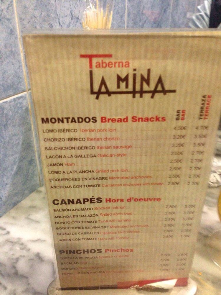 Menu at La Mina pub & bar, Madrid, Calle Ave Maria 28