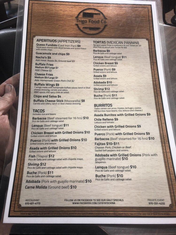 Menu at Trigo Food Co restaurant, Gypsum, 116 Park St