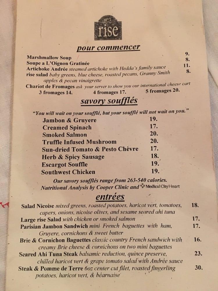 Menu at rise soufflé - Dallas pub & bar, Dallas