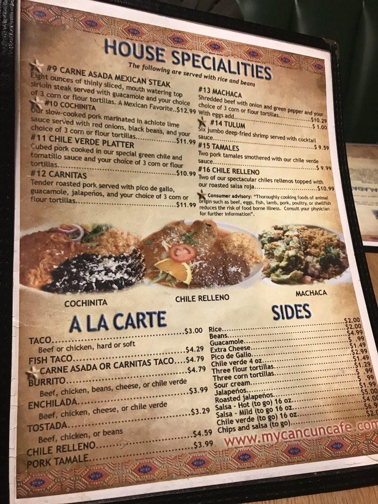 Menu at Cancun Cafe, Salt Lake City, 885 E 3900 S