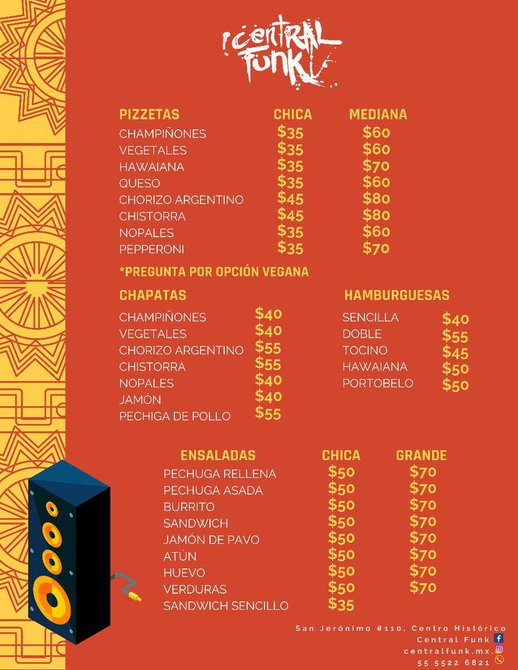 Menu at Central Funk pub & bar, Mexico City