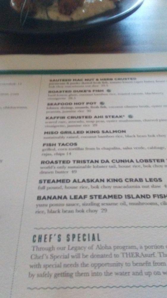 Menu at Duke's Malibu restaurant, Malibu