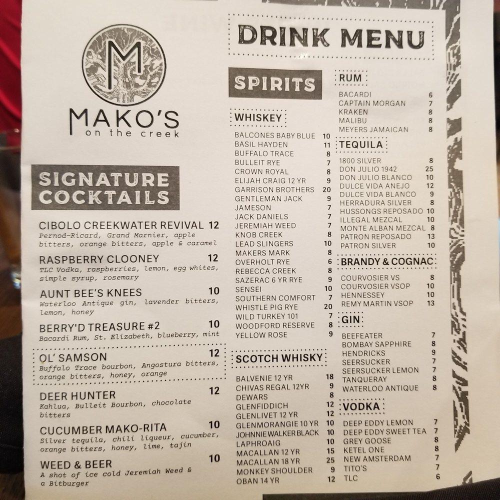Menu at Mako's on the Creek restaurant, Cibolo