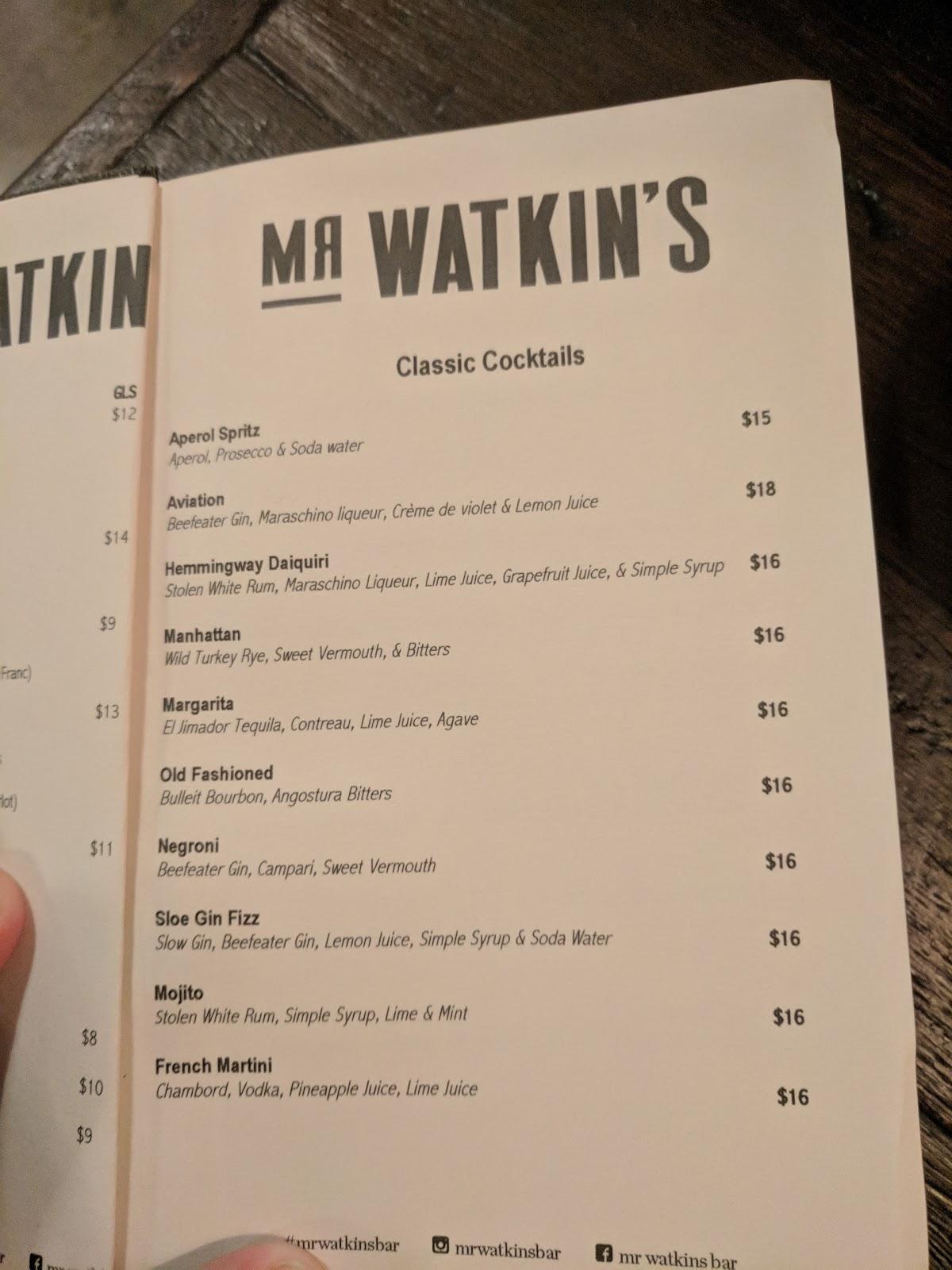 Menu at Mr Watkins Bar, Penrith