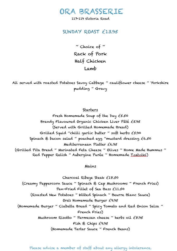 Menu at Ora Brasserie restaurant, Ruislip, 117-119 Victoria Rd