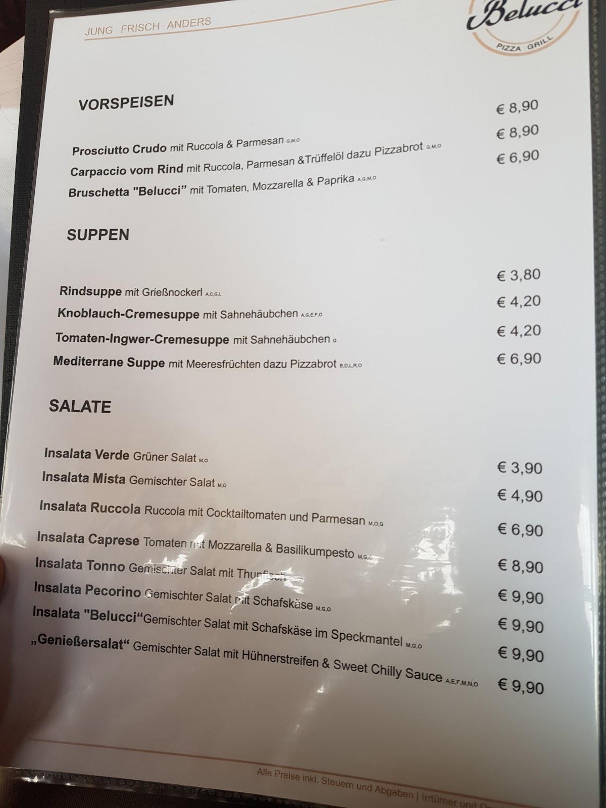 Speisekarte von Pizzeria Belucci, Salzburg