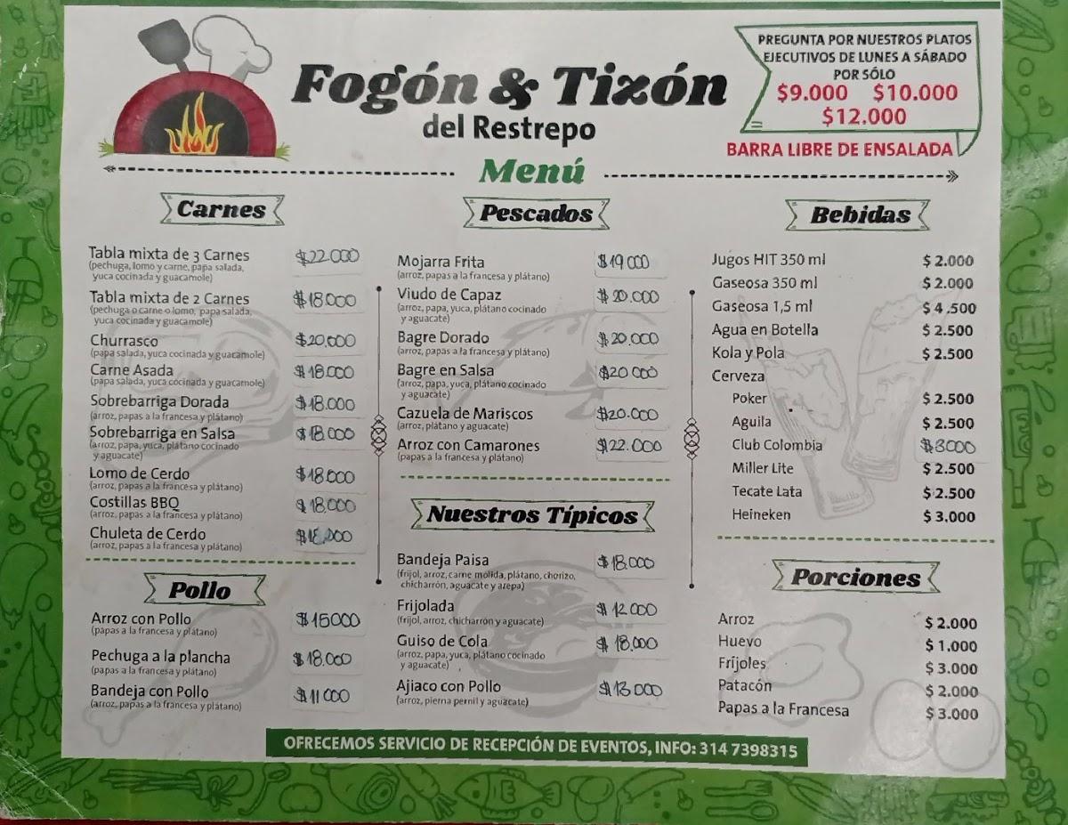 Carta de Restaurante Fogon Y Tizon del Restrepo, Bogotá