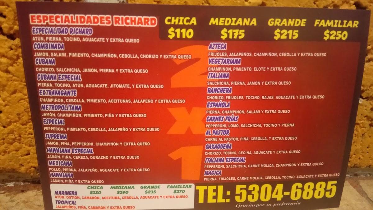 Menu at Richard Pizzas restaurant, Naucalpan