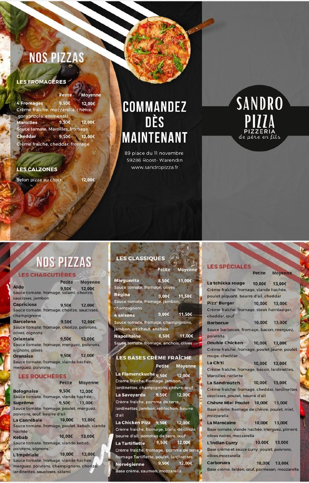 Menu au Sandro pizza restaurant, Roost-Warendin