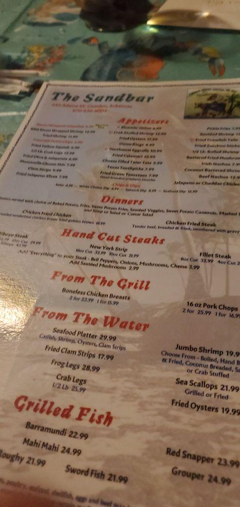 Menu at The Sandbar, Camden