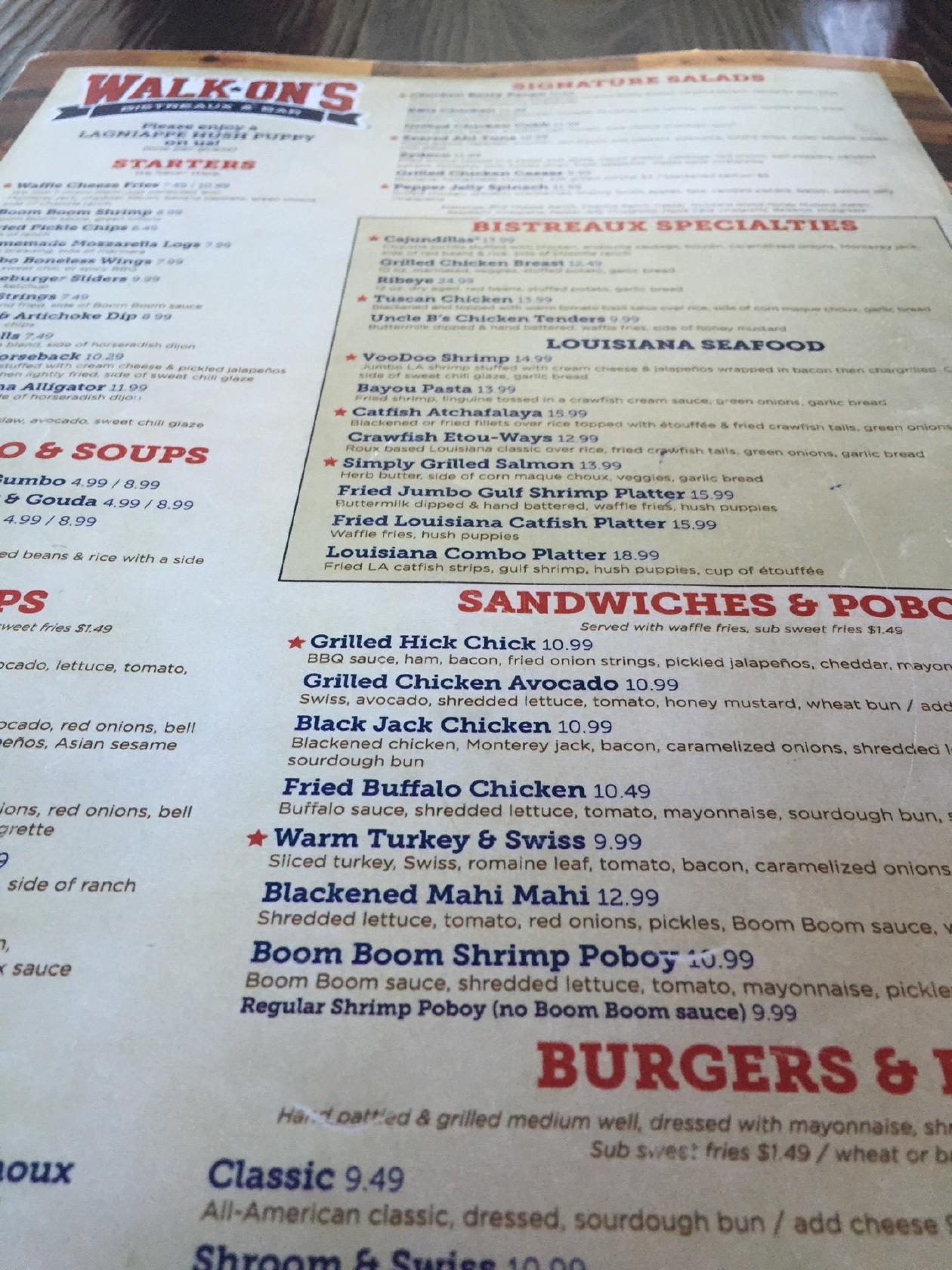 Menu at Walk-On's Sports Bistreaux - Houma Restaurant, Houma