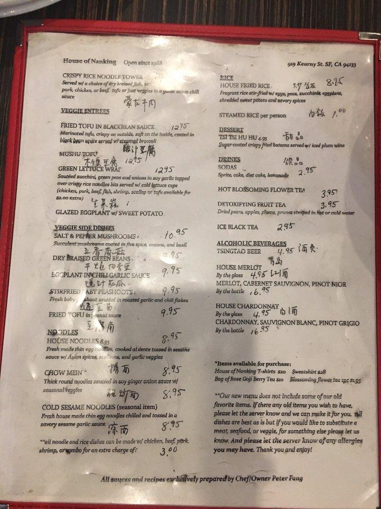 Menu at House of Nanking restaurant, San Francisco
