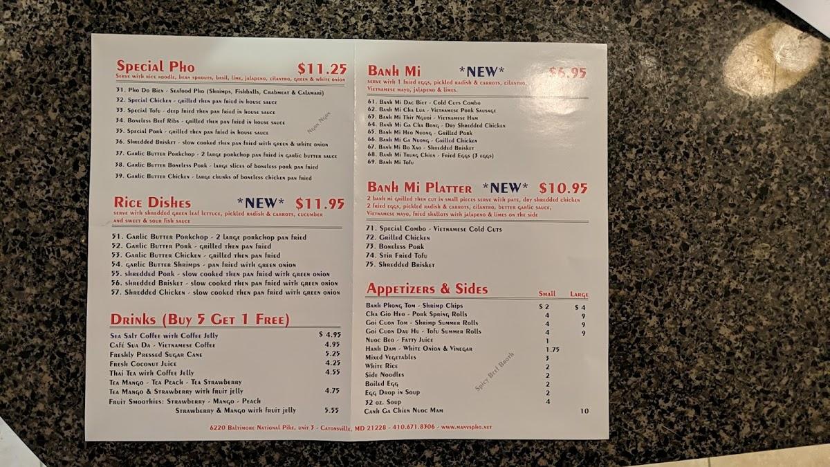 Menu at Man vs Pho restaurant, Catonsville