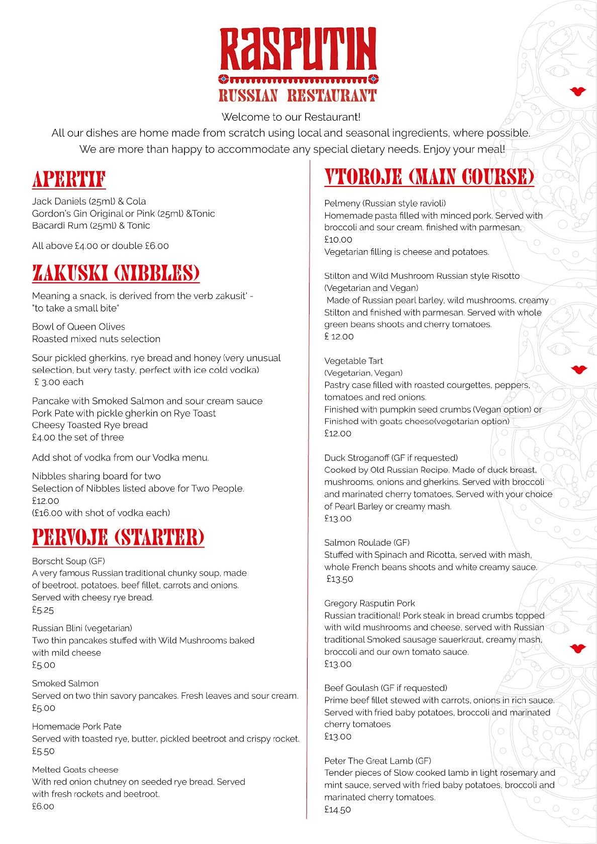 Menu at Rasputin restaurant, Swaffham