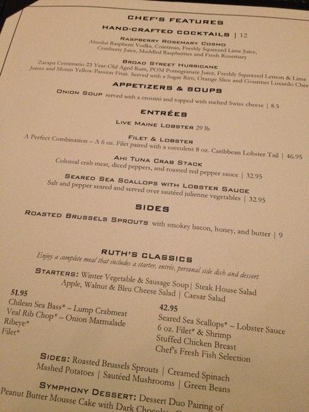 Carta del pub y bar Ruth's Chris Steak House, Coral Gables, Salzedo St