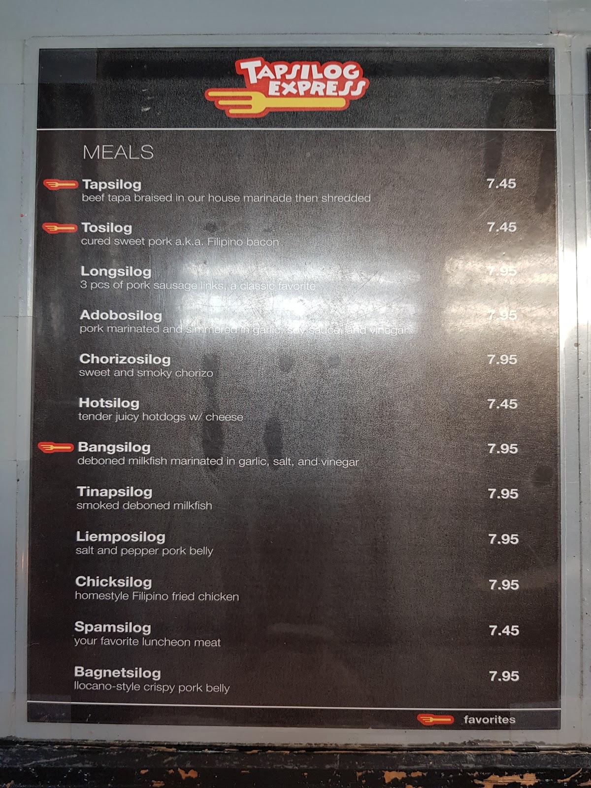 Menu at Tapsilog Express fast food, San Leandro, Washington Ave