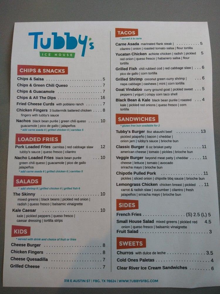 Menu at Tubby's Ice House restaurant, Fredericksburg